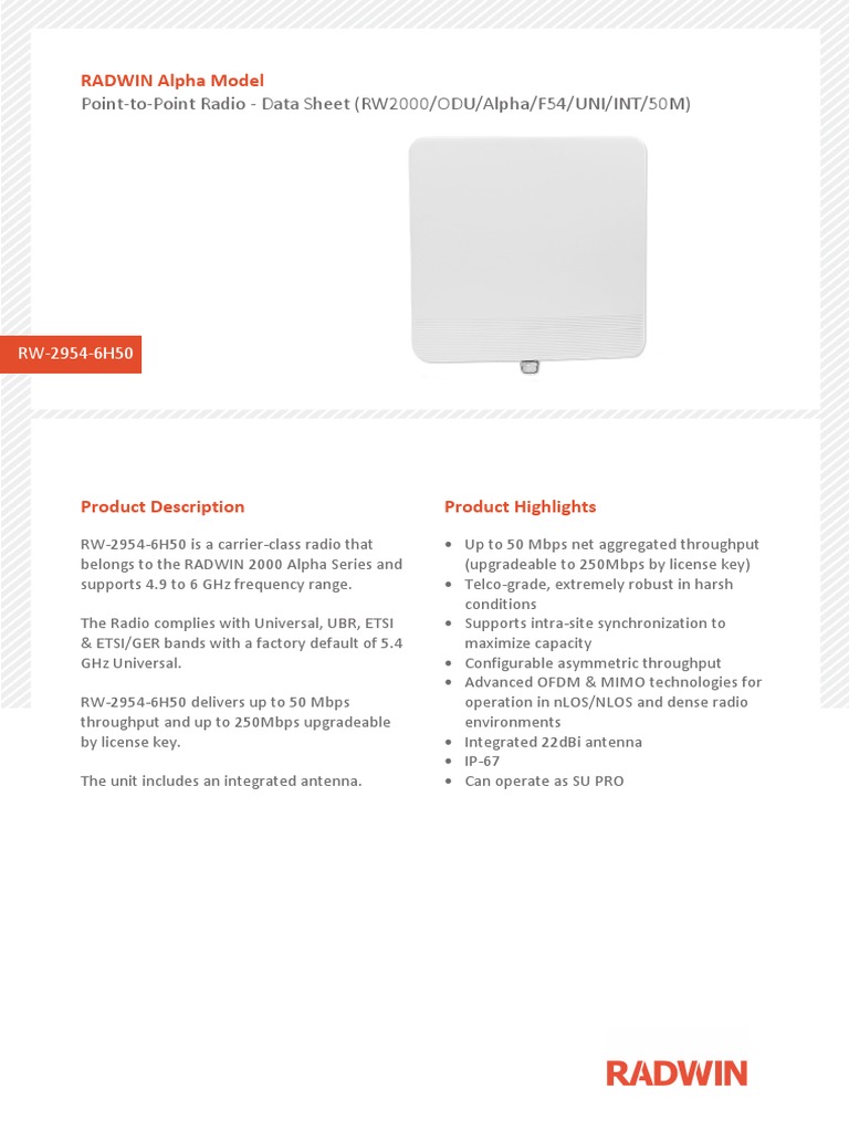 Point-to-Point Radio - Data Sheet (RW2000/ODU/Alpha/F54/UNI/INT/50M ...