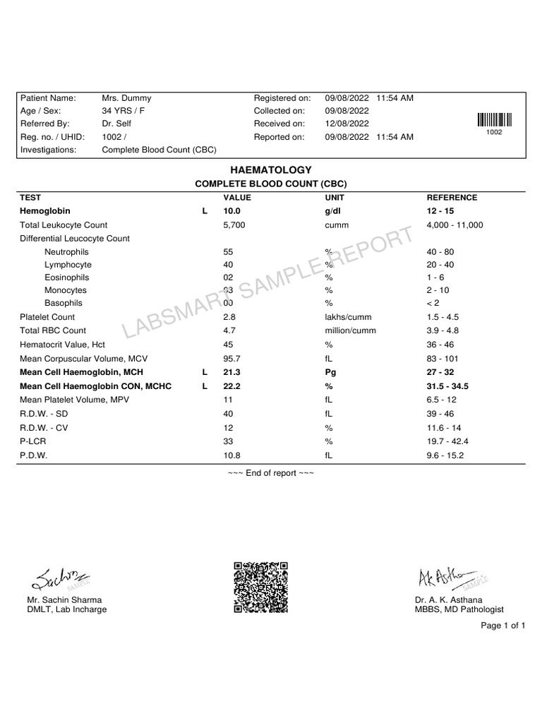CBC Test Report Sample Analysis | PDF | White Blood Cell | Immunology