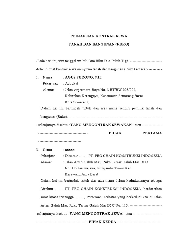 Draft Perjanjian Kontrak Sewa Ruko | PDF