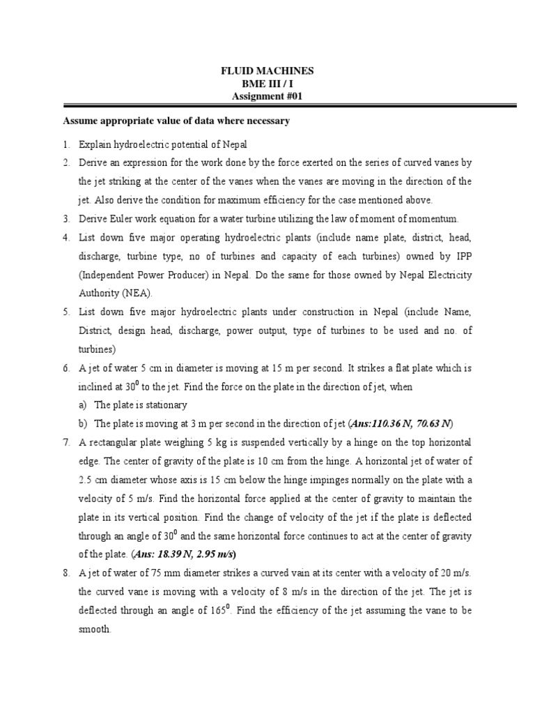 Hydraulic Machines Assignment #1 | PDF | Science & Mathematics