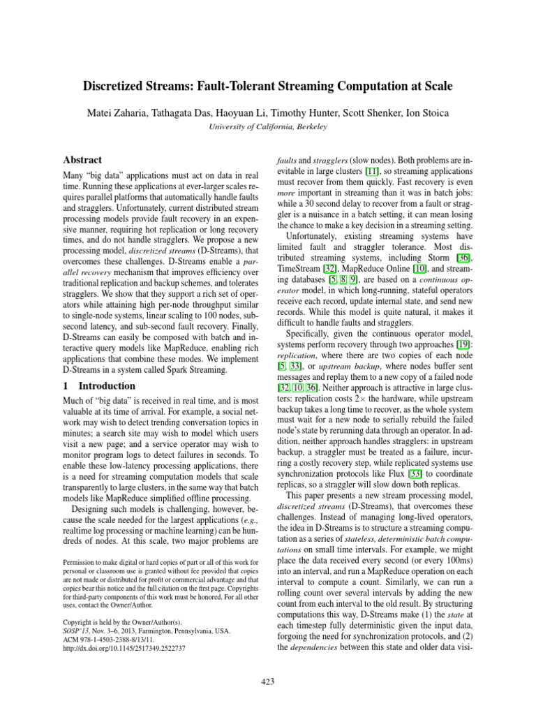 Discretized Streams: Fault-Tolerant Streaming Computation at Scale | PDF | Apache Spark ...