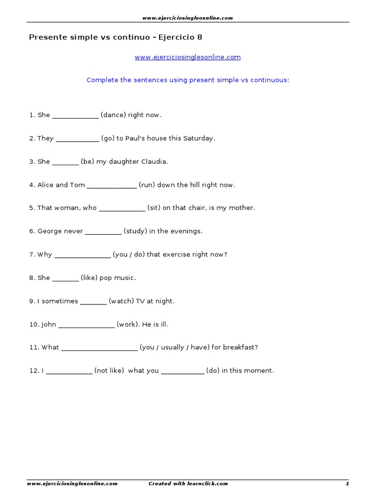 Presente Simple Vs Continuo Ejercicio 8 | PDF