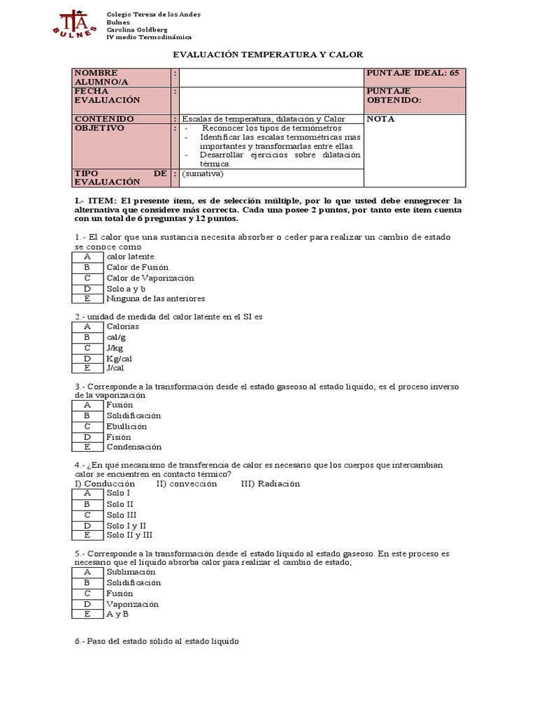 Prueba Temperatura y Calor | PDF | Calor | Termómetro
