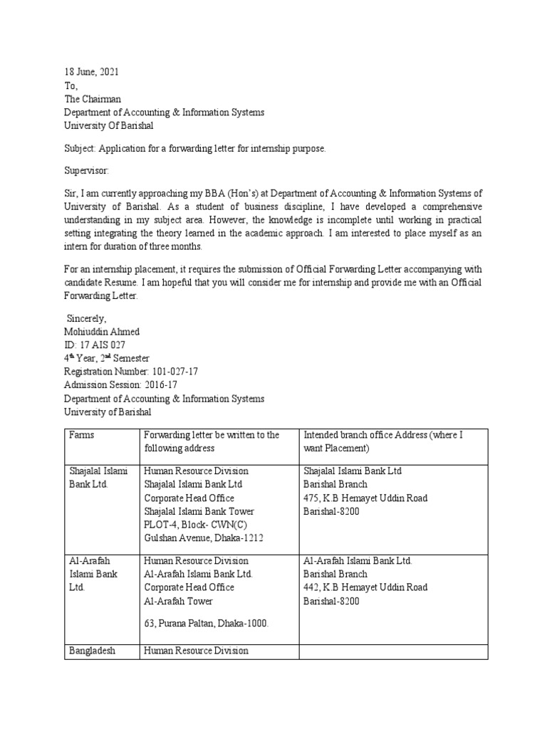 Forward Letter Application | PDF | Internship | Job Hunting