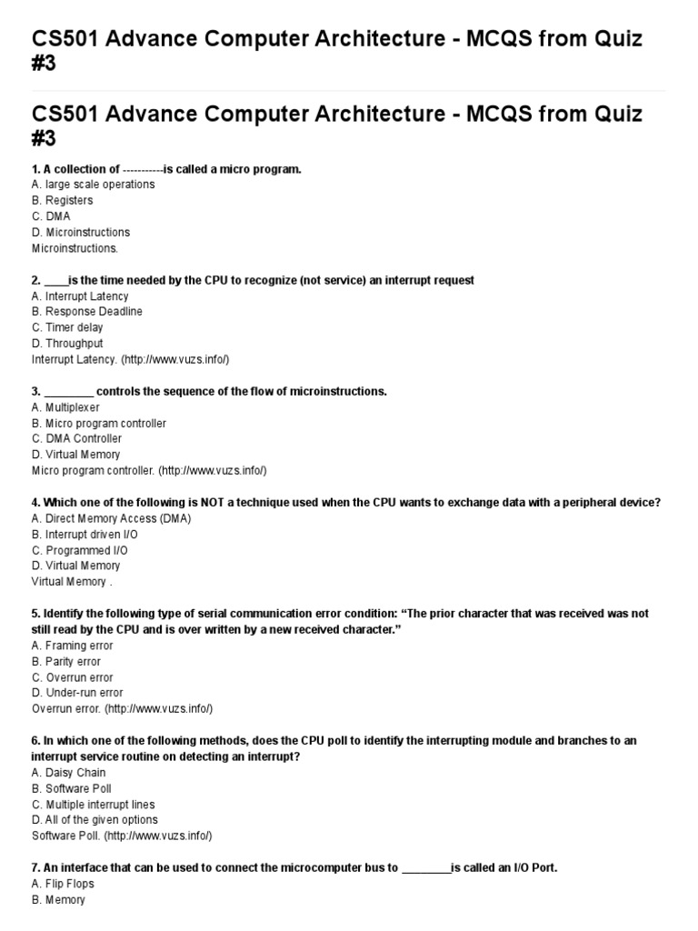 Cs501 Advance Computer Architecture Mcqs From Quiz 3 Pdf Inputoutput Central 