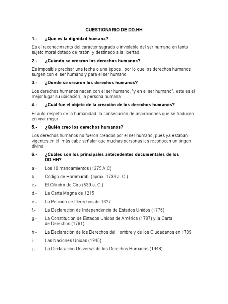Cuestionario de DD - HH | PDF | Derechos | Derechos humanos Cuestionario de DD - HH | PDF | Derechos | Derechos humanos