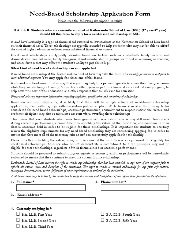 KSL Need-Based Scholarship Form | PDF | Student Financial Aid In The ...
