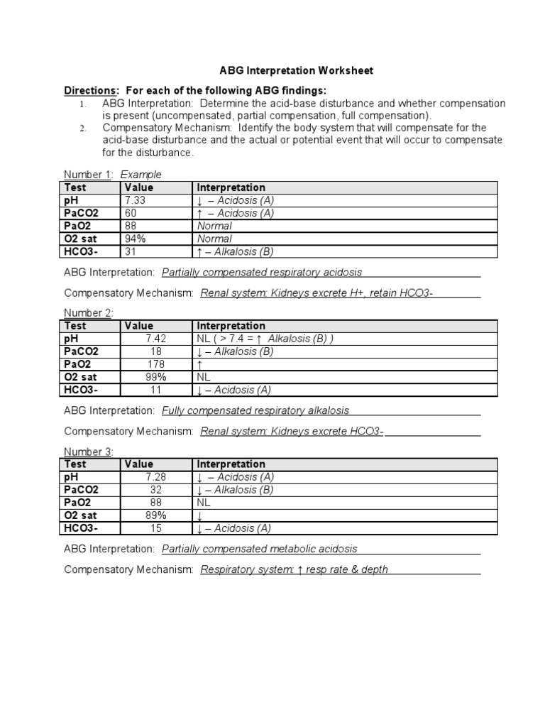 ABG Interpretation Worksheet Directions: For Each of The Following ABG ...