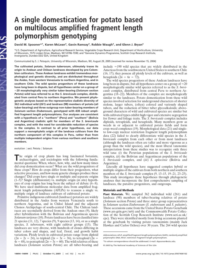 A Single Domestication For Potato | PDF