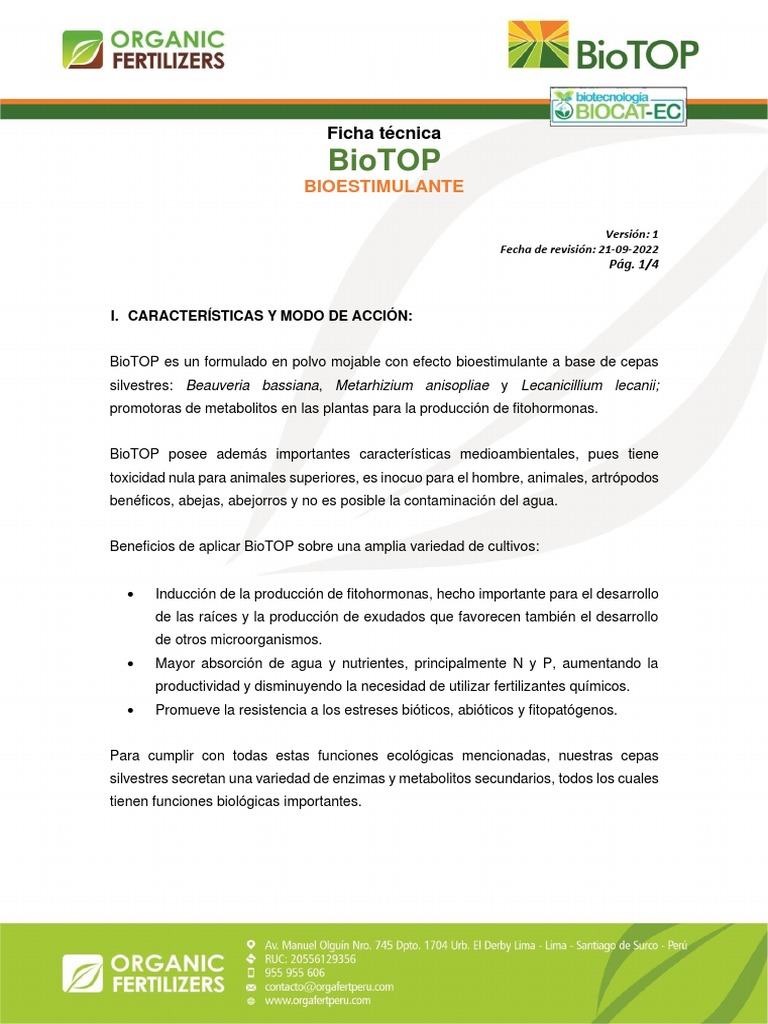 Ficha Tecnica Biotop | PDF | Agua | Hormona Vegetal