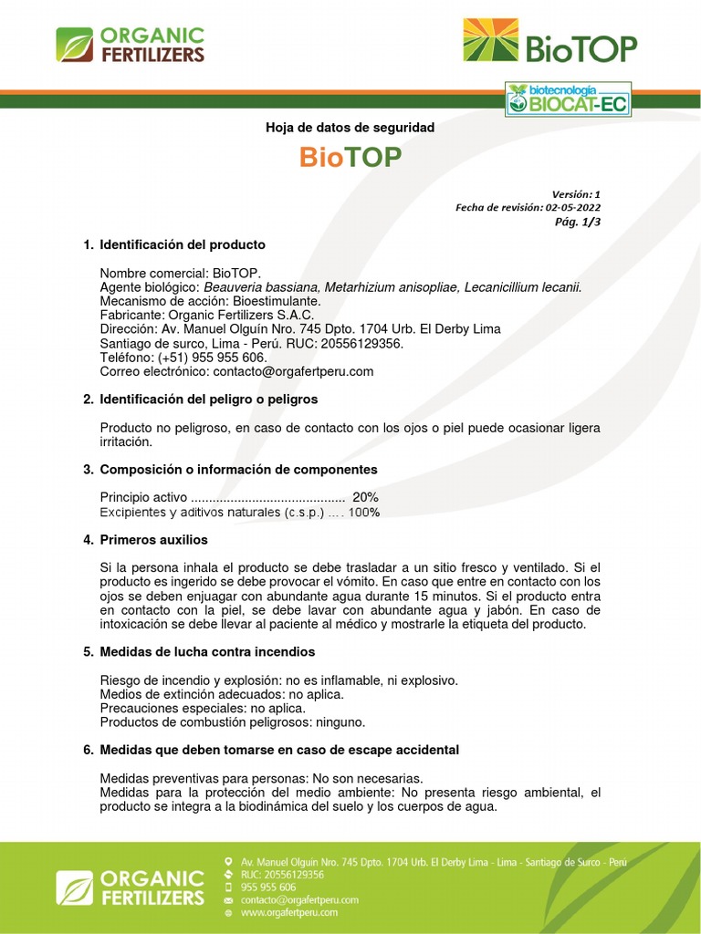 Hoja de Seguridad Biotop | PDF | Toxicidad | Solubilidad