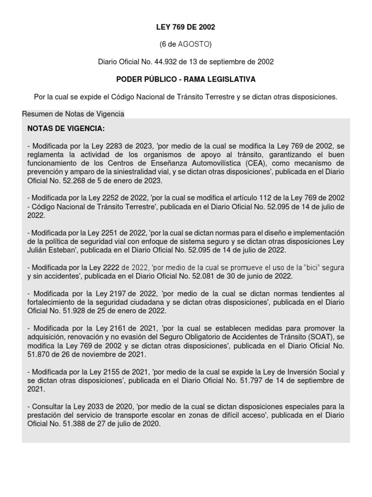 Ley 769 de 2002 Codigo Nacional Transito ACTUALIZADO MARZO 2023 | PDF ...