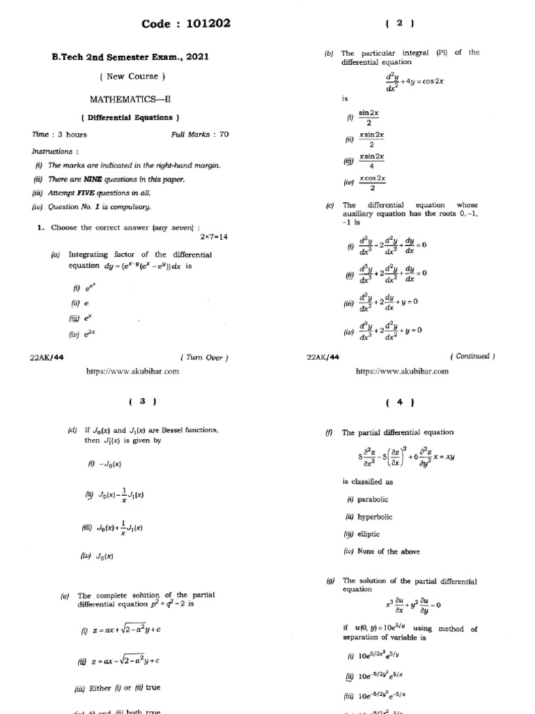 Btech 2 Sem Mathematics 2 Differential Equations 101202 2021 | PDF