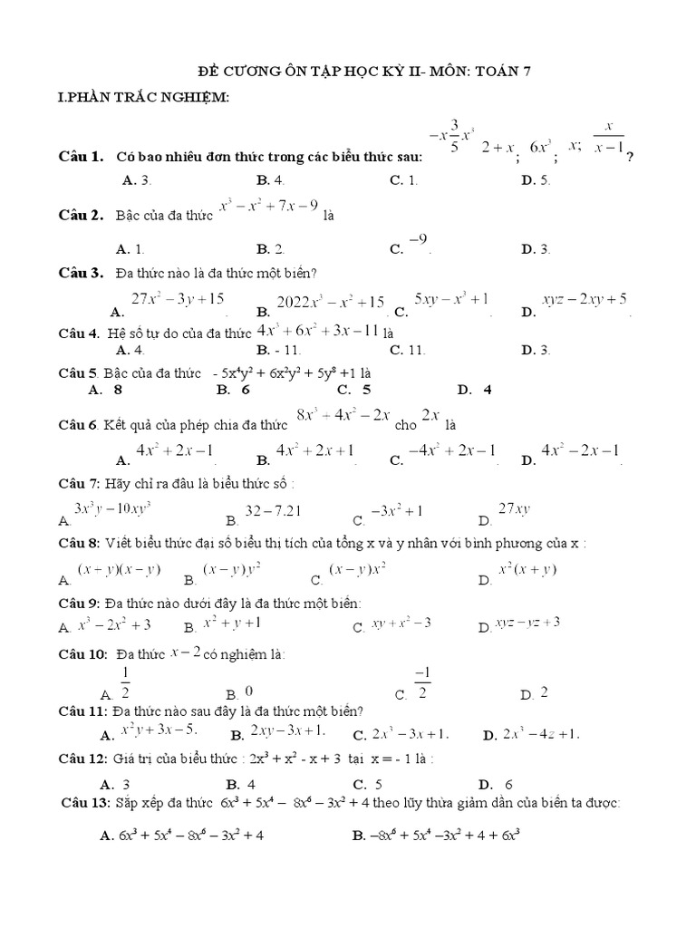 ĐỀ CƯƠNG ÔN TẬP HỌC KỲ II- toán 7 -22-23 | PDF