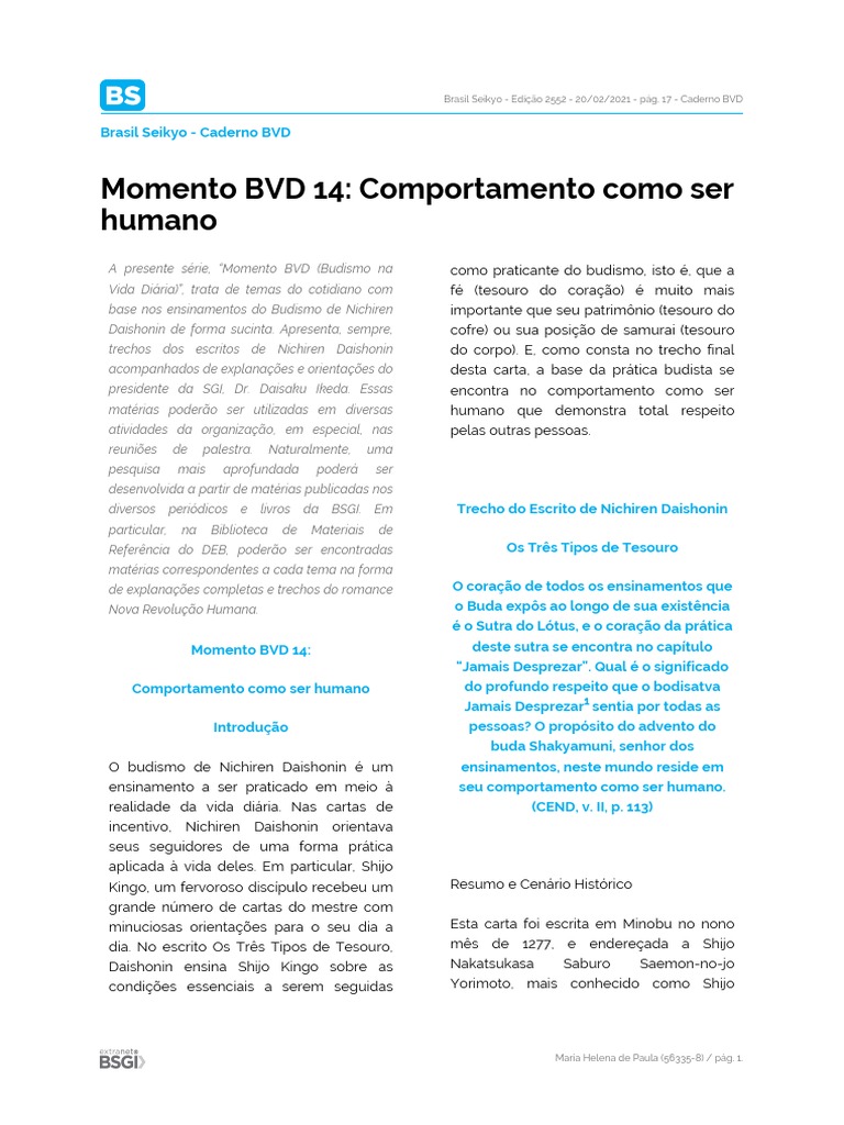 Momento BVD 14 Comportamento Como Ser Humano | PDF