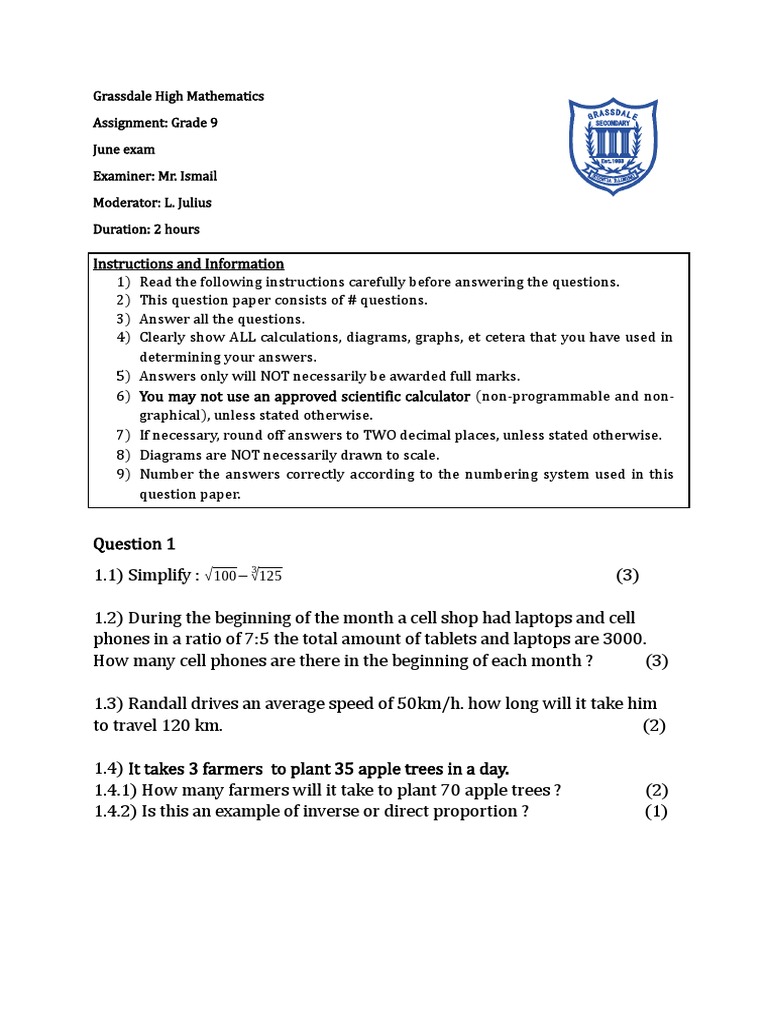 Grassdale High Mathematics June Test | PDF | Factorization | Mathematics