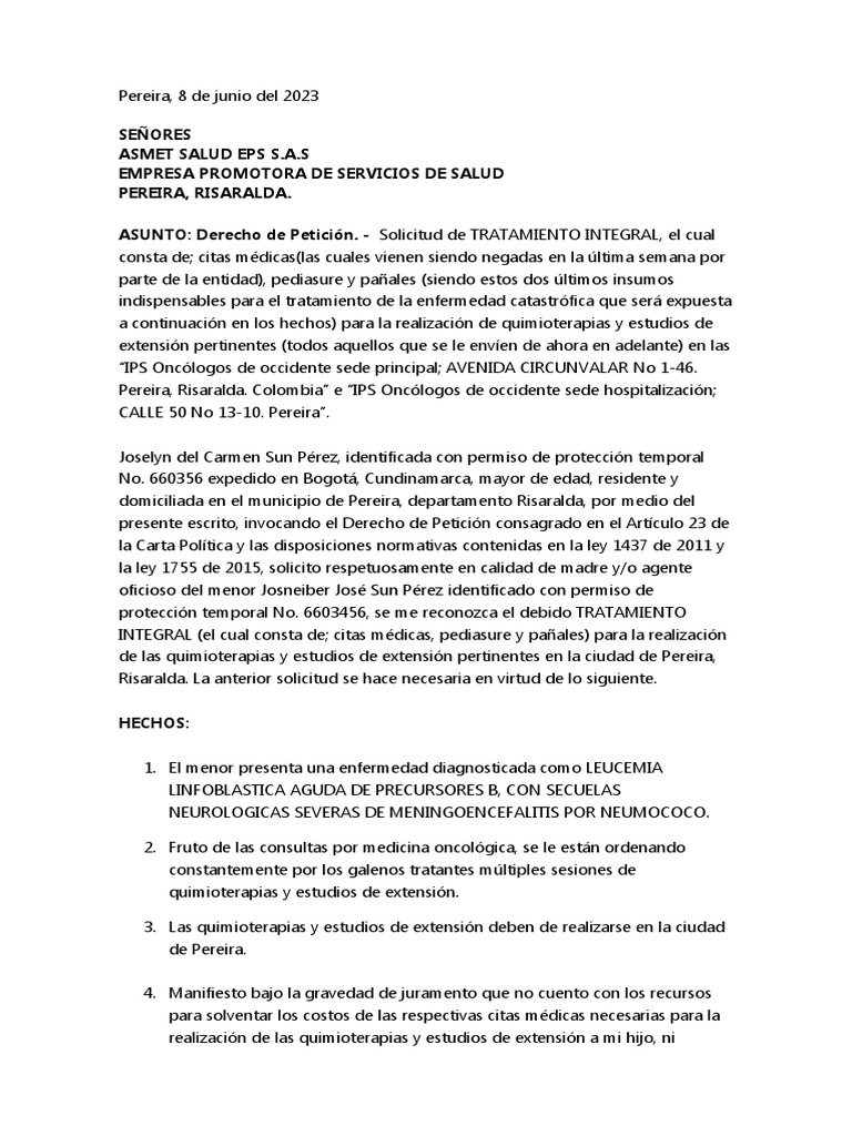 Solicitud Tratamiento Integral Yosneiber José Sun Pérez | PDF | Cuidado de la salud | Trabajo Social