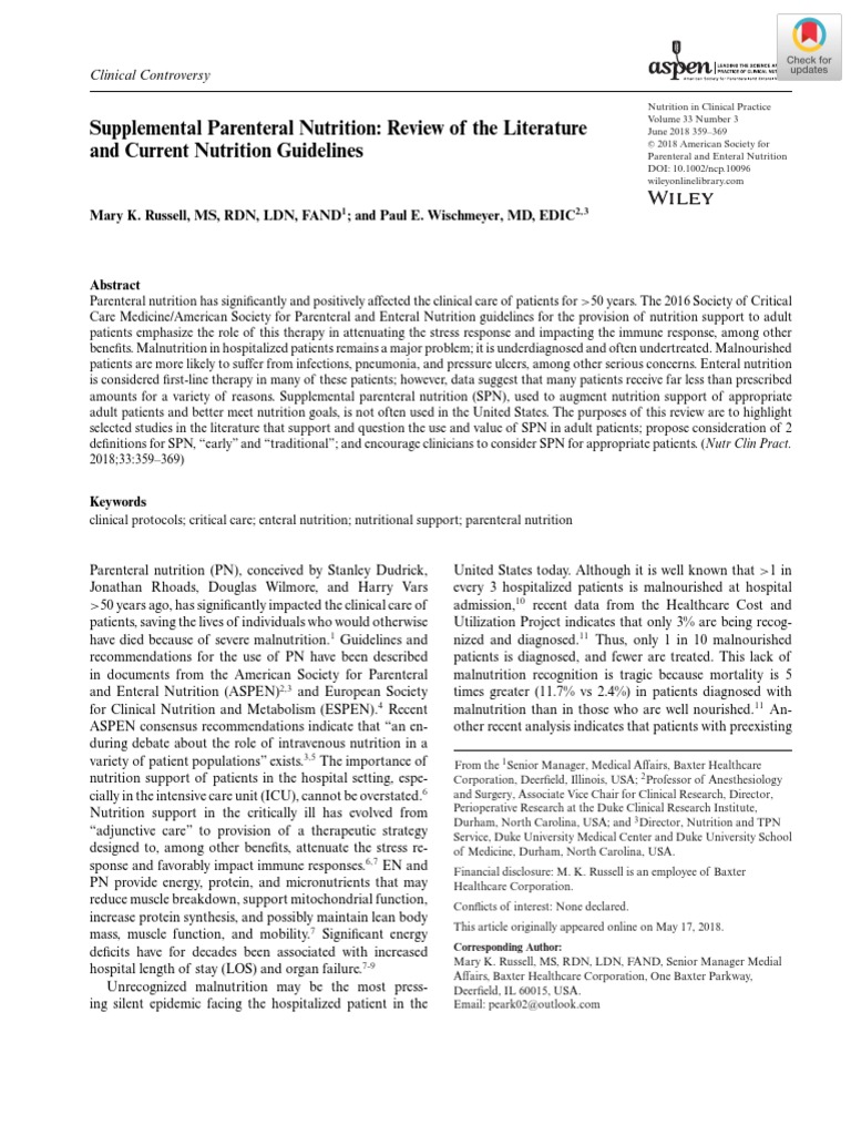 ASPEN - Suplemental Parenteral Nutrition - Review of The Literature and ...