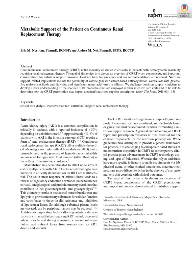 ASPEN. Nutrition in Clinical Practice 00 (0) - Metabolic Support of The Patient On Continuous ...
