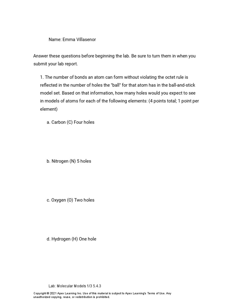5.4.3 Lab - Molecular Models (Pre-Lab) | PDF 5.4.3 Lab - Molecular Models (Pre-Lab) | PDF