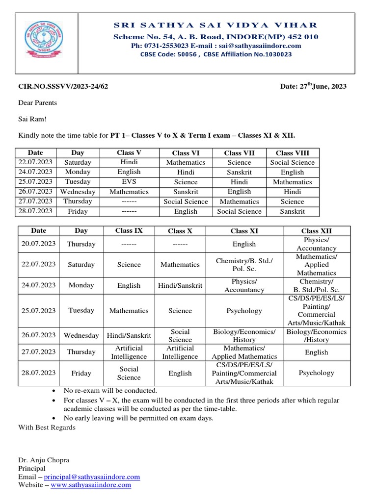 Time Table For PT1 & Term I Exam | PDF | Science