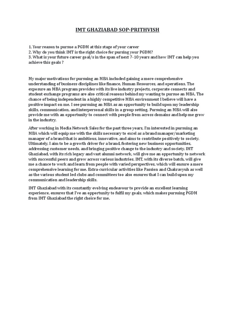 IMT Ghaziabad SOP | PDF | Master Of Business Administration | Brand