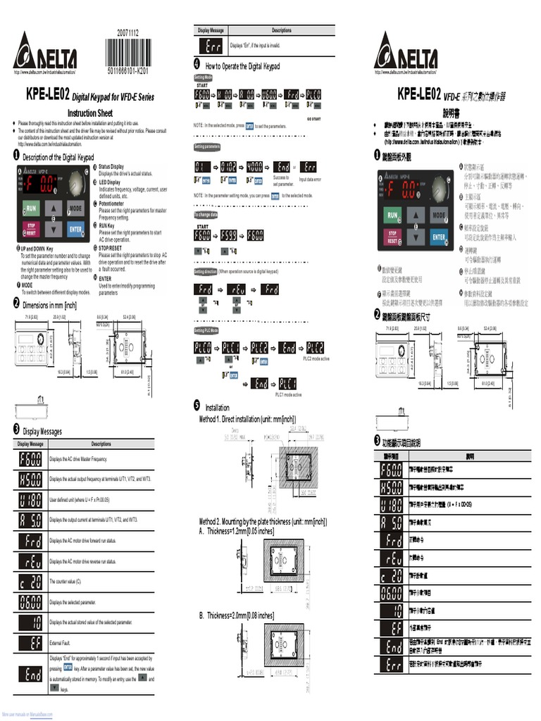 Manual Delta Electronics Digital Keypad KPE-LE02 | PDF | Parameter ...