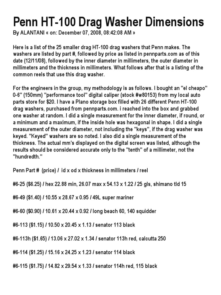 Penn Drag Washer Specs for Engineers | PDF | Manufactured Goods | Equipment