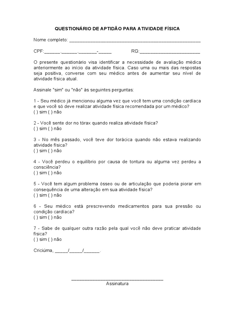 Questionário de Aptidão para Atividade Física | PDF