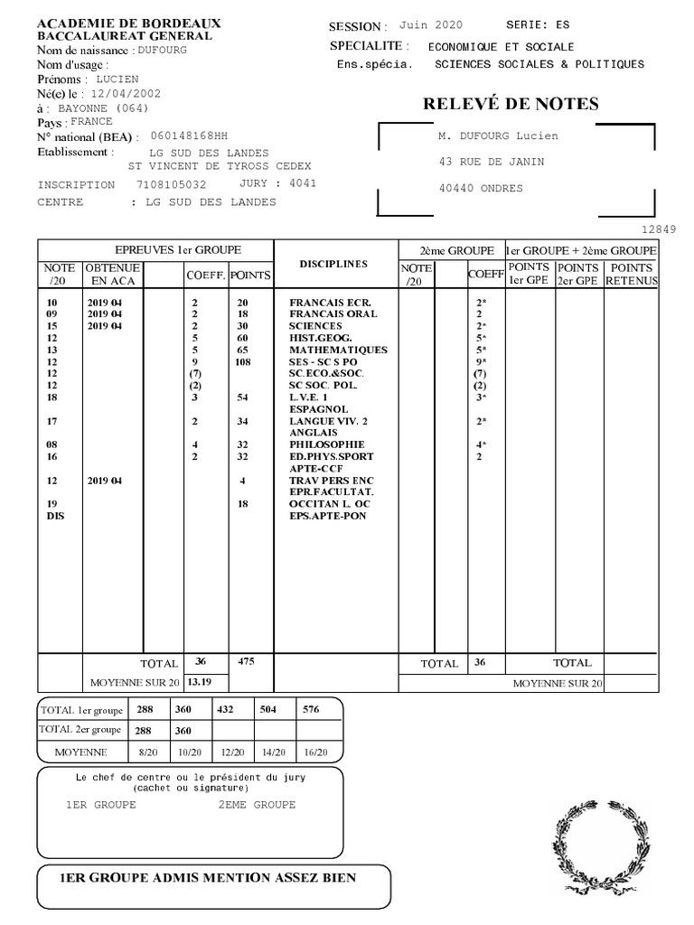 Relevé de notes Bac 2020 Bordeaux | PDF