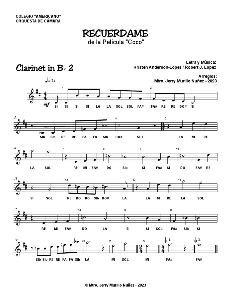 Recuerdame - Clarinete 2 | PDF