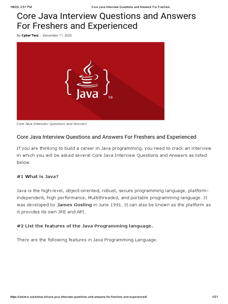 Core Java Interview Questions And Answers For Freshers Pdf Method Computer Programming