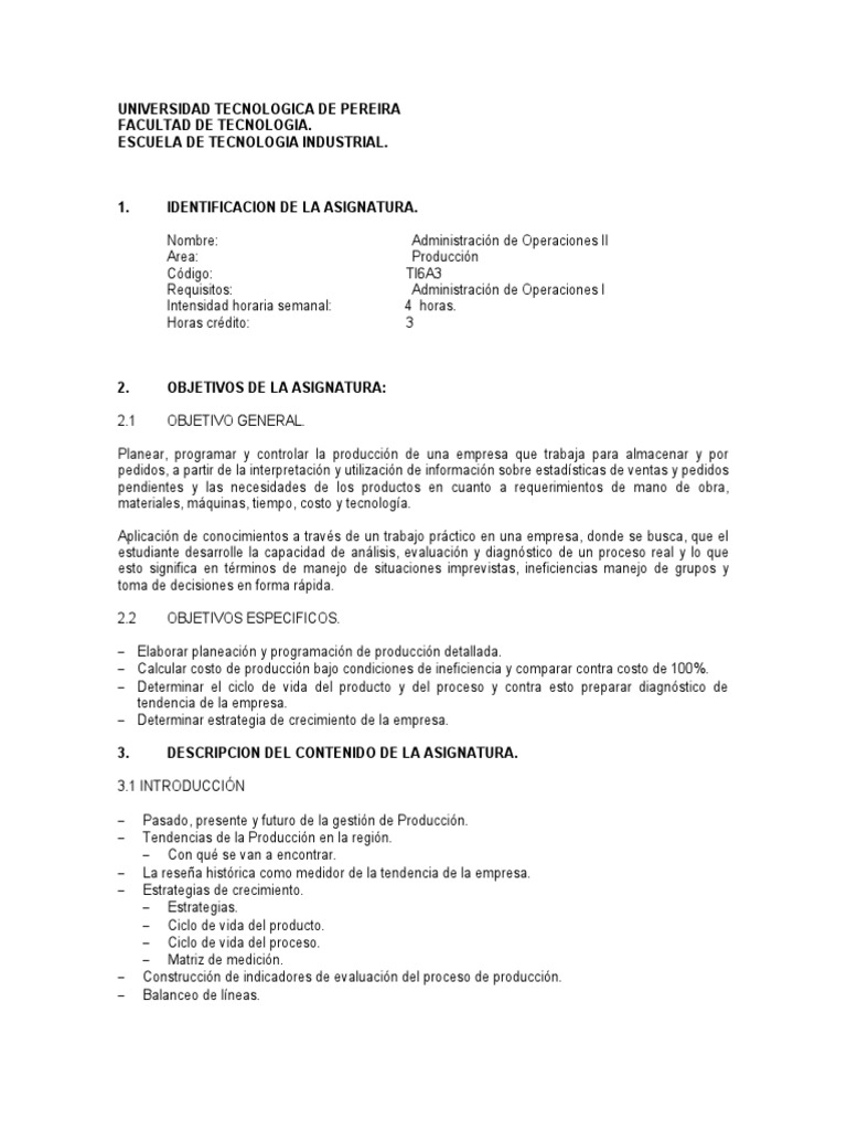 Programa de Administracion de Operaciones Ii | PDF | Planificación ...