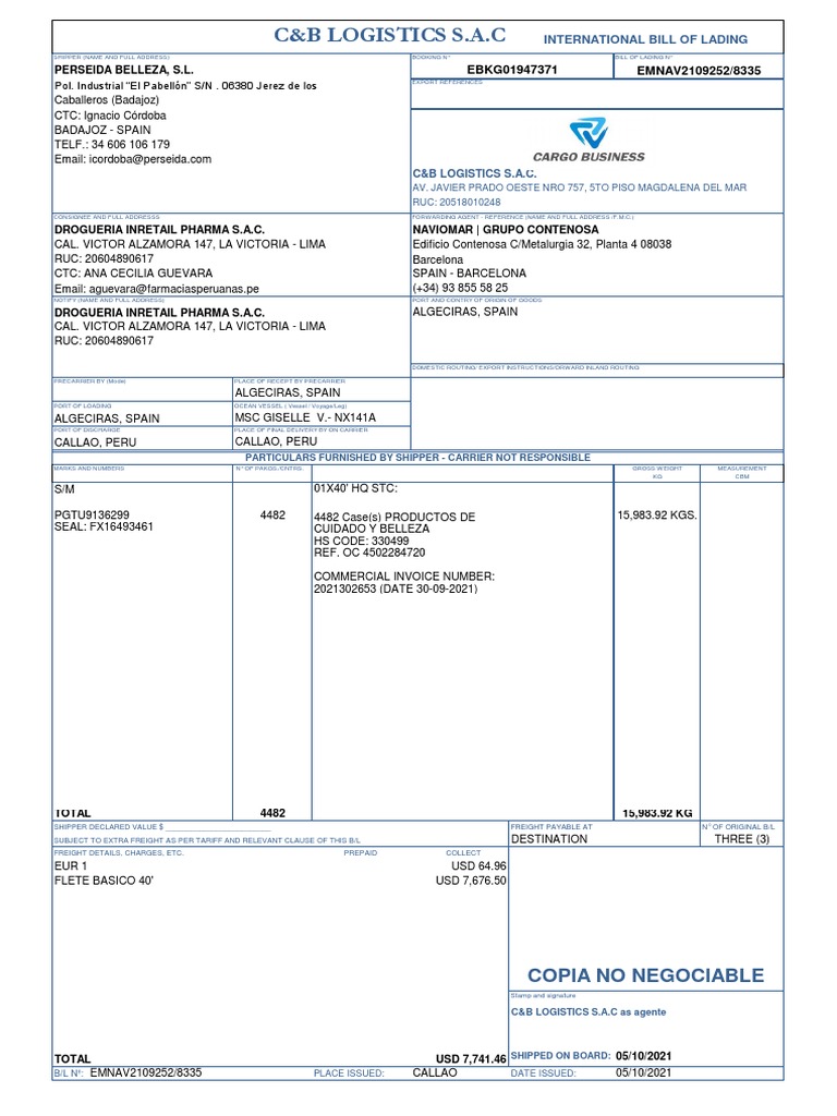 BL Fletado Emnav21092528335 | PDF | Bill Of Lading | Cargo