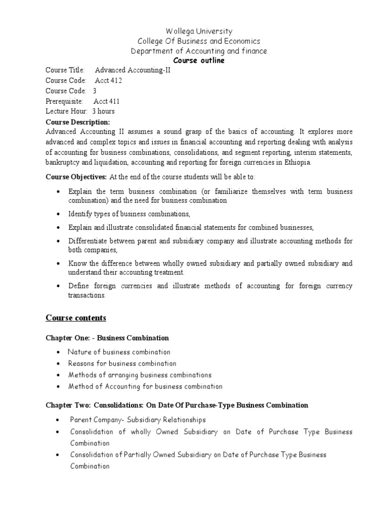Advanced Accounting II Course Outline | PDF | Audit | Consolidation ...