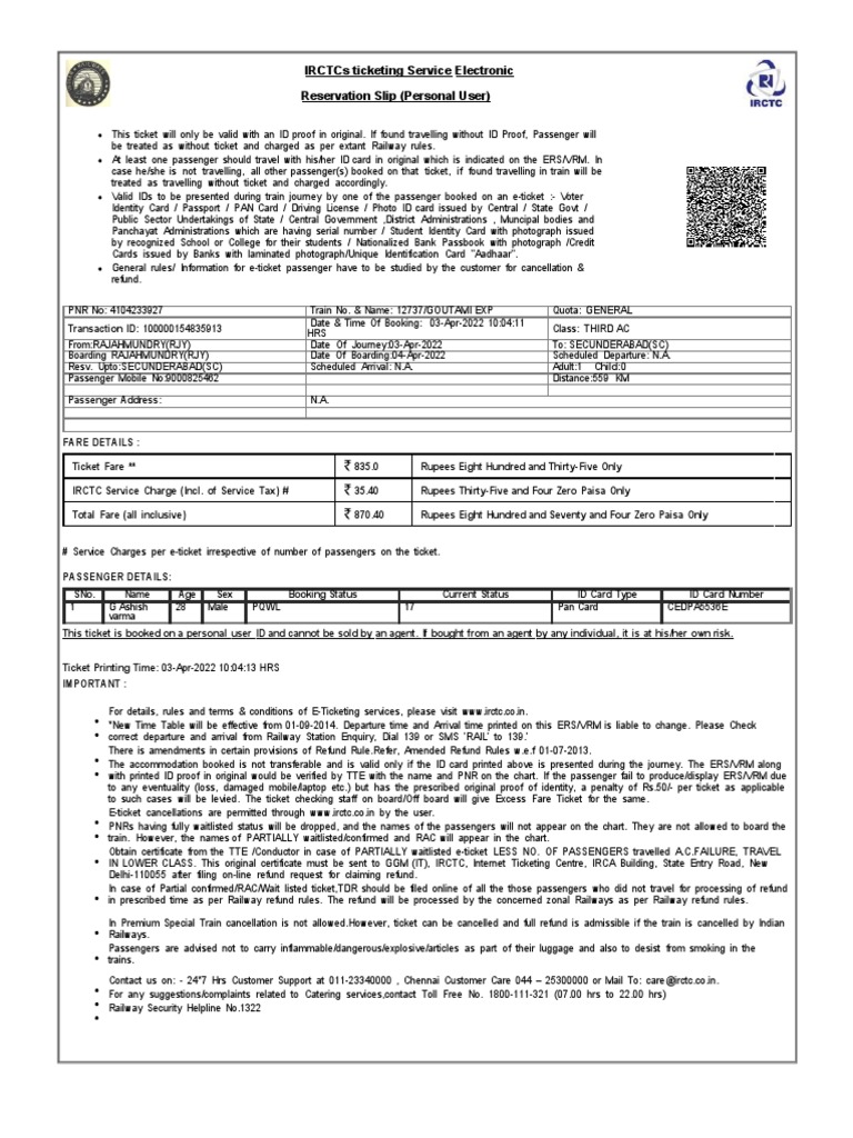 Irctc Ticket Format | PDF | Identity Document | Ticket (Admission)