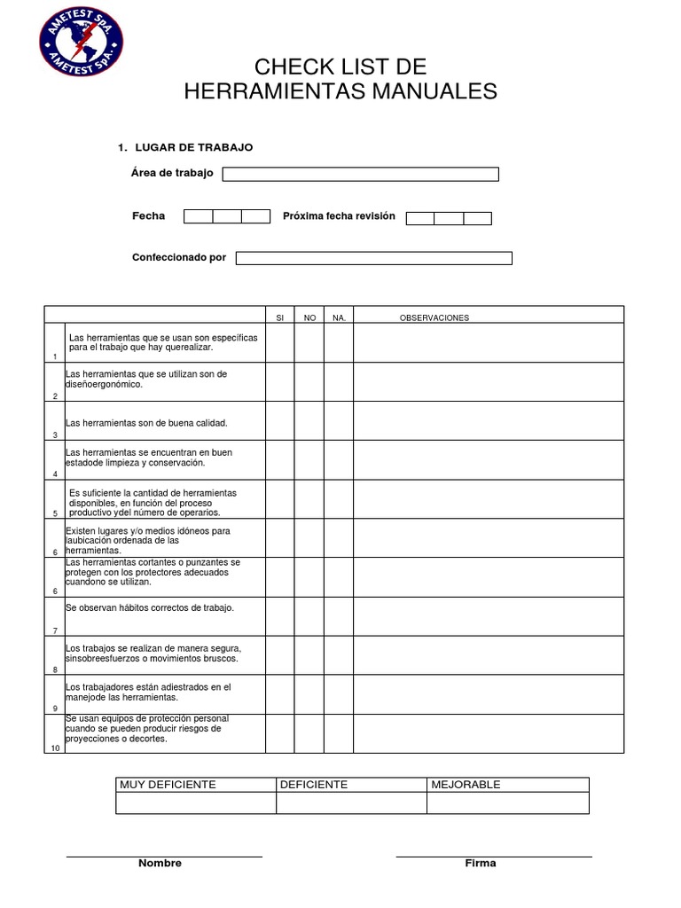 Check List Herramientas Manuales 1 | PDF Check List Herramientas Manuales 1 | PDF