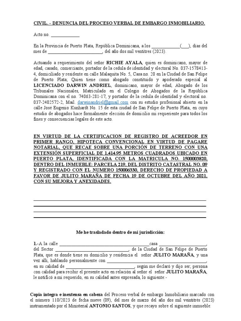 Denuncia de Embargo Inmobiliario | PDF | Gobierno | Justicia