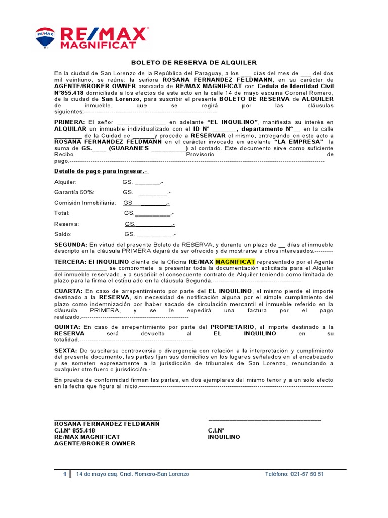 Boleto de Reserva de Alquiler Master Modificado | PDF