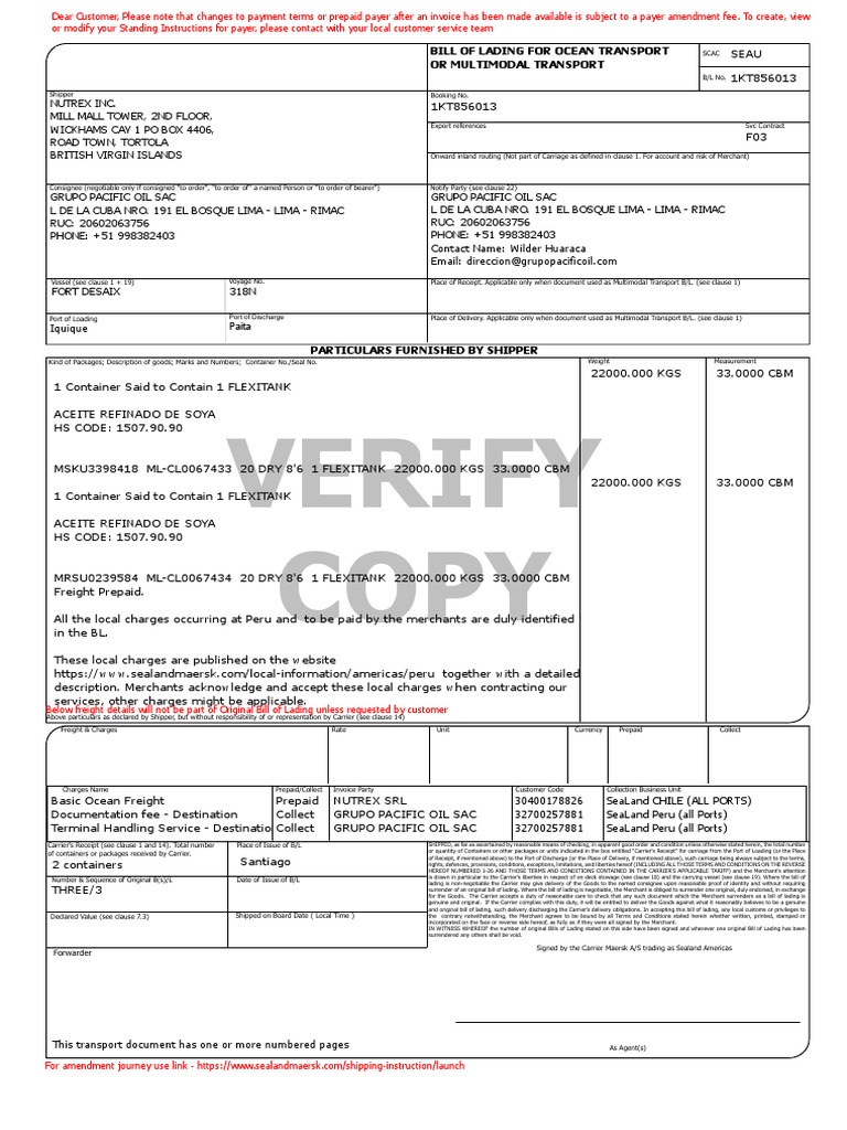 Verify Copy: Bill of Lading For Ocean Transport or Multimodal Transport ...