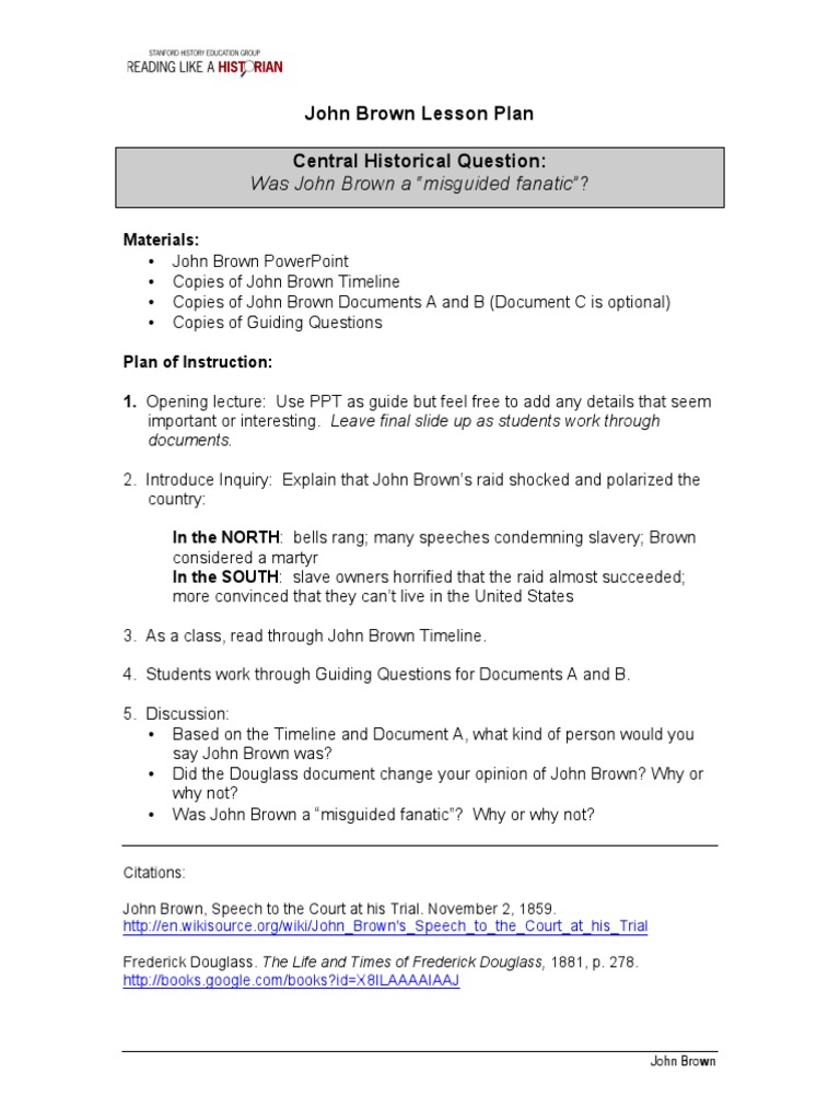 John Brown Lesson Plan | PDF | John Brown (Abolitionist) | Frederick ...