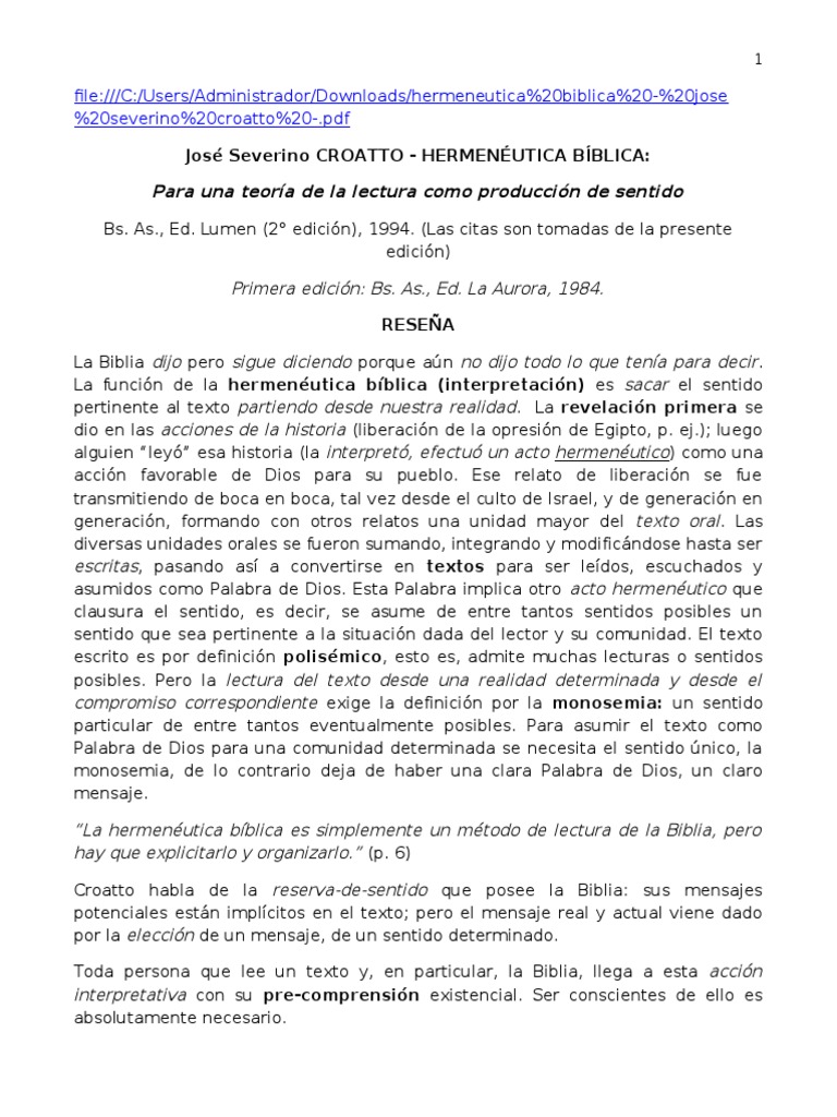 CROATTO Hermen. Bíbl. - Reseña - Versión 4 | PDF | Biblia | Hermenéutica