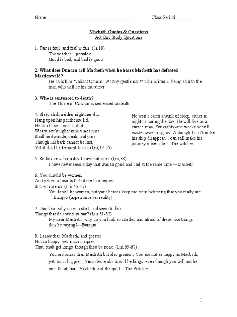 Quotes and Questions 2010 ANSWERS | PDF | Macbeth | Shakespearean Tragedies