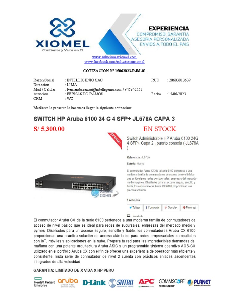 Cotizacion - Intelligenio - Switch HP 6100 24G Jl678a - Jl677a - R8r47a ...