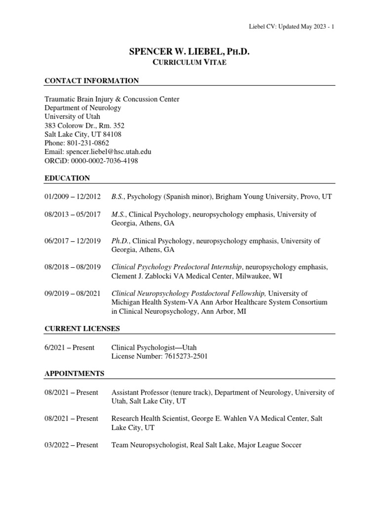 Spencer Liebel CV | PDF | Psychology | Neuropsychology