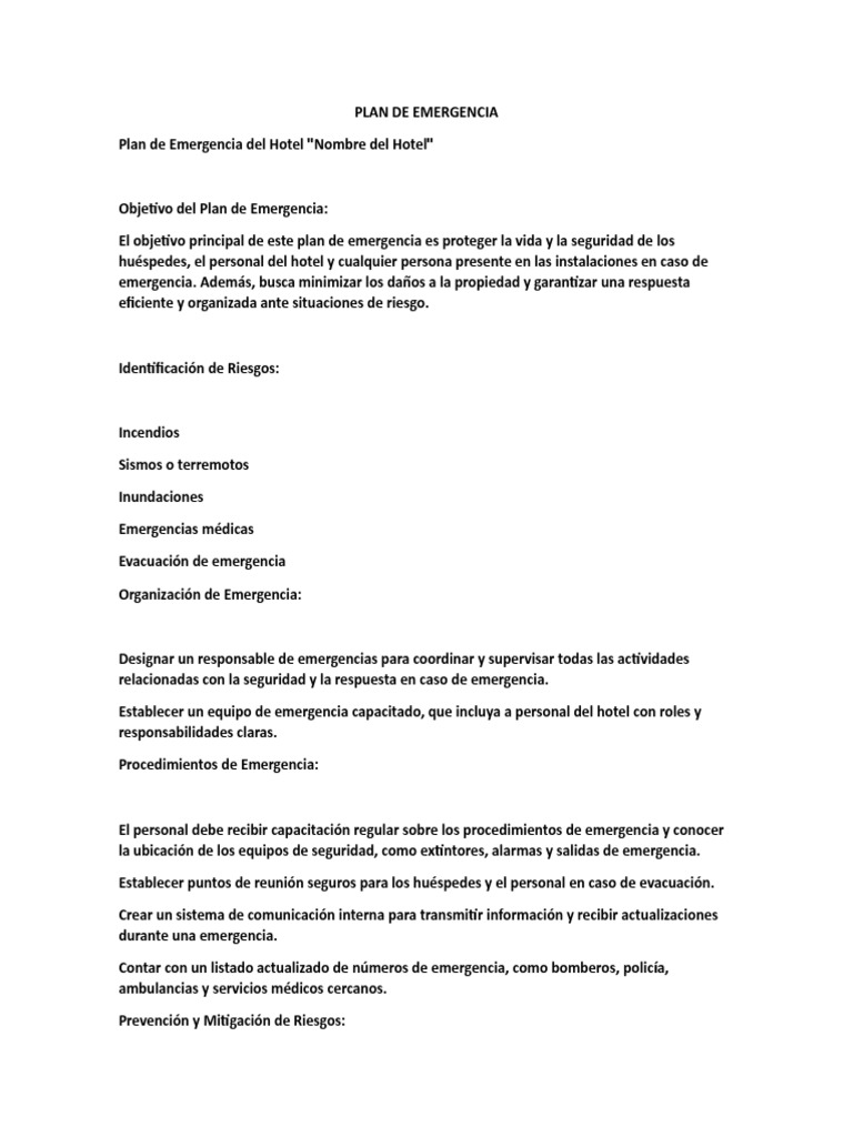 Plan de Emergencia | PDF | Primeros auxilios | Hotel