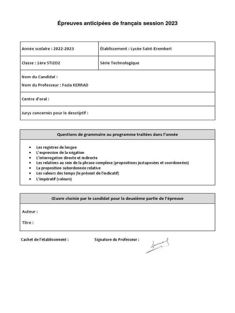 Fiche d'oral français Bac 2023 STI2D2 | PDF | Poésie | Linguistique