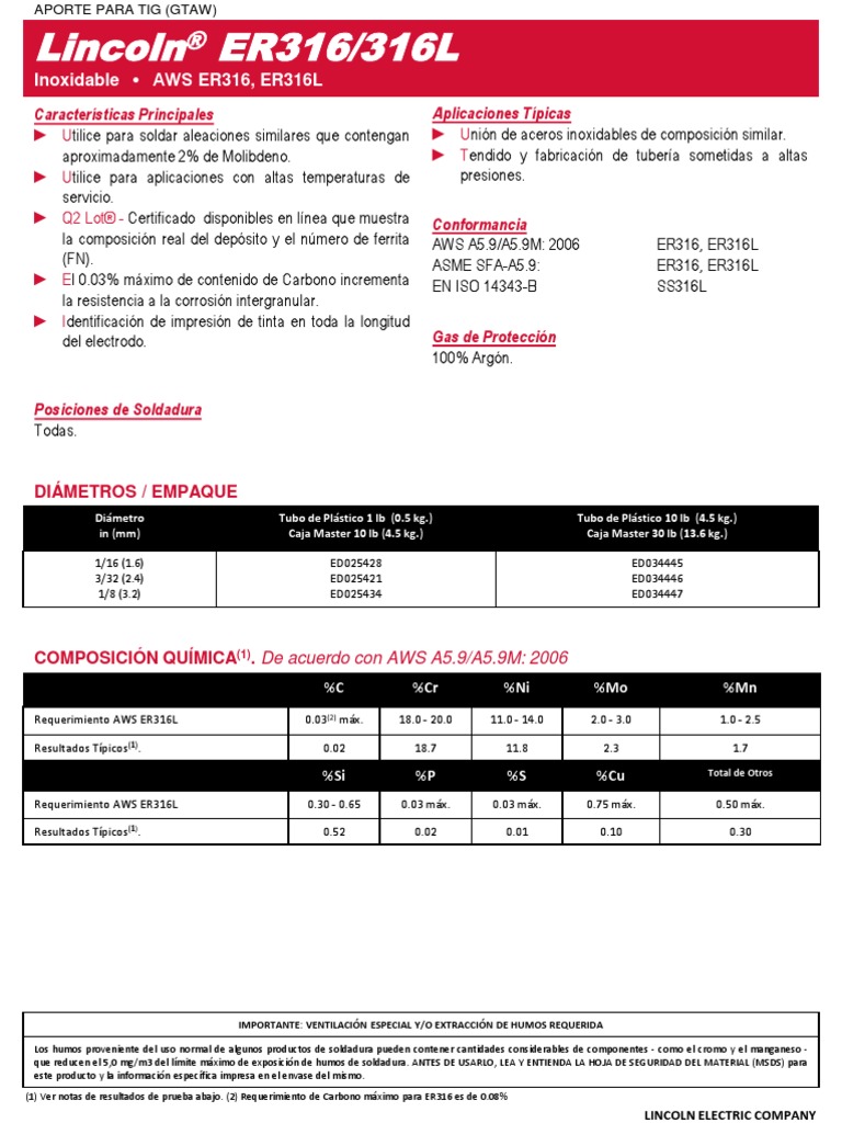 Lincoln Er316 316l Tig Es Mx | PDF | Soldadura | Construcción