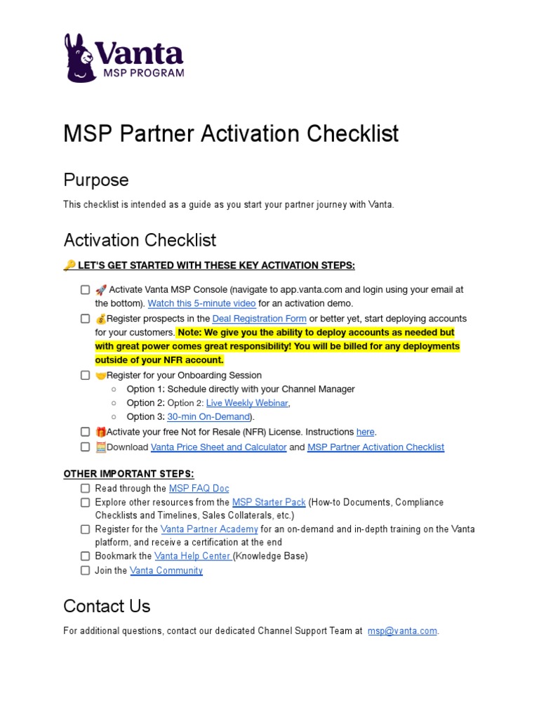 VANTA-MSP Partner Activation Checklist | PDF