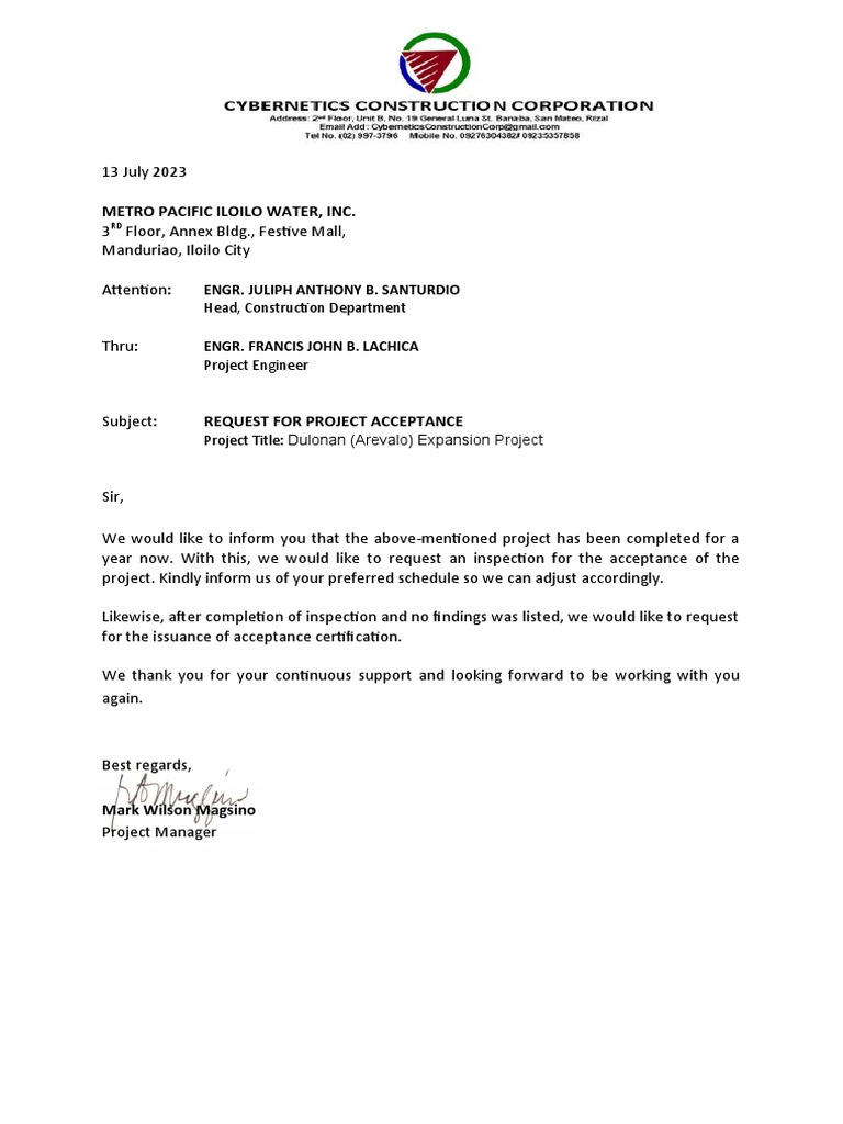Letter Request For Acceptance | PDF